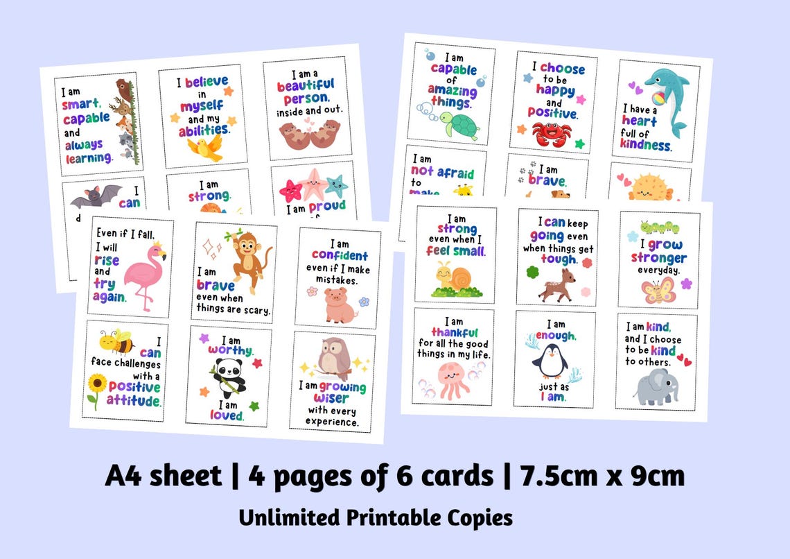Animal Theme Affirmation Cards for Kids, Positive Quotes, Motivational ...