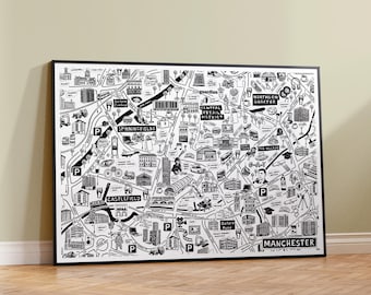 Illustrated Map Manchester, England A4 Hand-drawn Map Poster Perfect ...