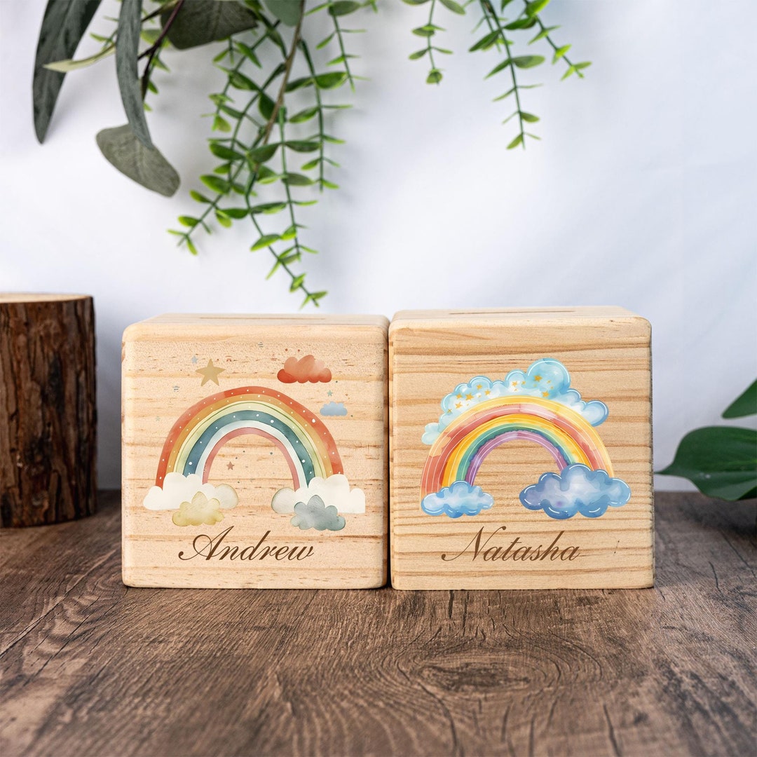 Personalized Rainbow Piggy Bank, Custom Child Money Box, Baby Coin Bank ...