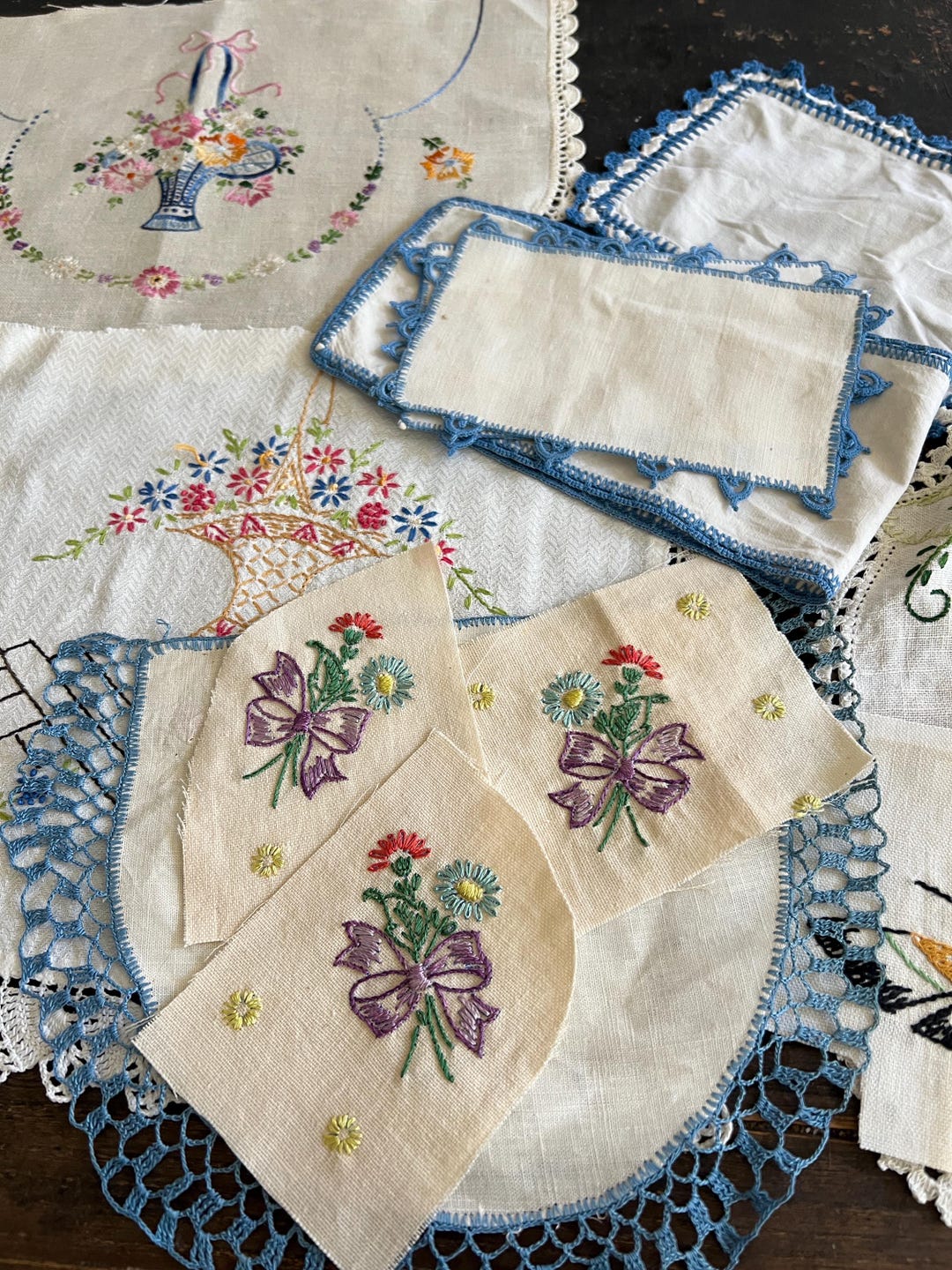 Cut Pieces of Embroidery From Vintage Damaged Linens Plus Group of 3 ...