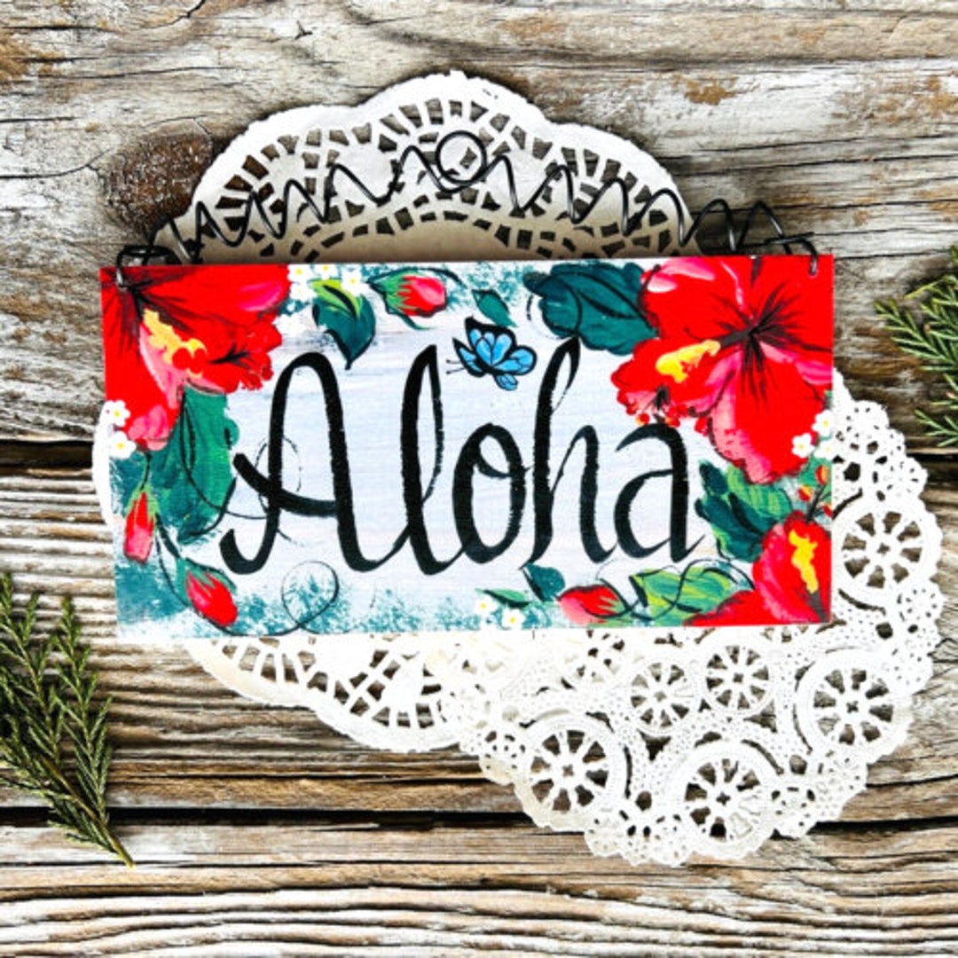 Aloha Welcome Wood Sign 4"x7 3/4" With Attached Coiled Wire Hanger ...