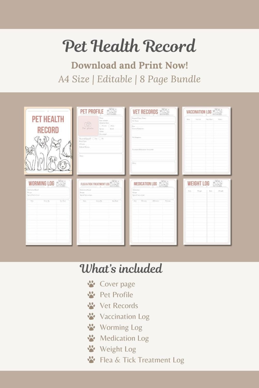 Pet Health Record Bundle| Digital Printable Template| Pet Medical ...