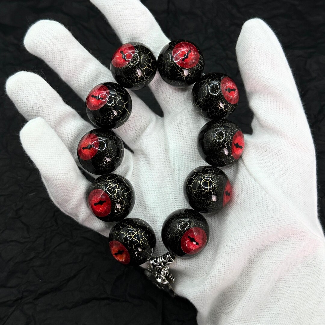 Handmade Black Cracked Red Eye Bead Bracelet for Goth& Punk, Unique ...