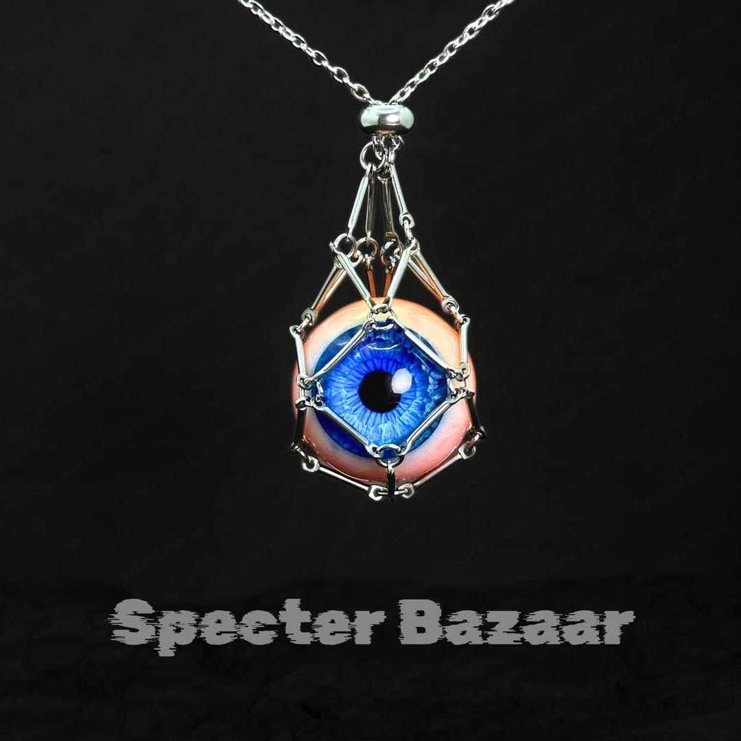 Handmade Silver Cage Realistic Blue Eyeball Necklace, Gothic Macabre ...