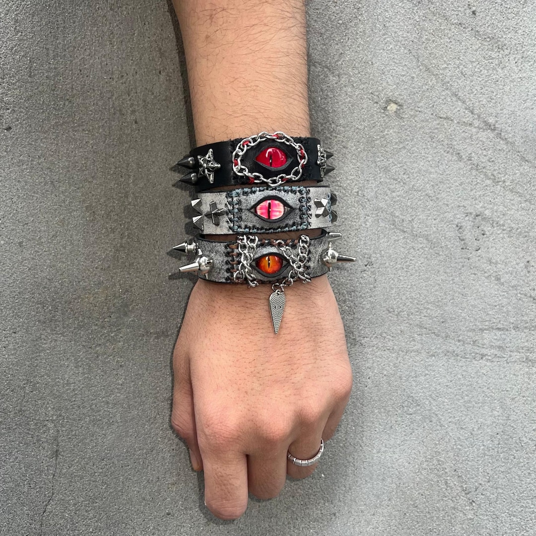 Punk Spiked and Studded Evil Eye Leather Bracelets and Wristbands in ...