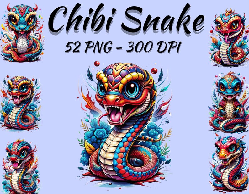 52 Cute Chibi Snake Clipart Snake Clipart Bundle Colorful Creatures ...