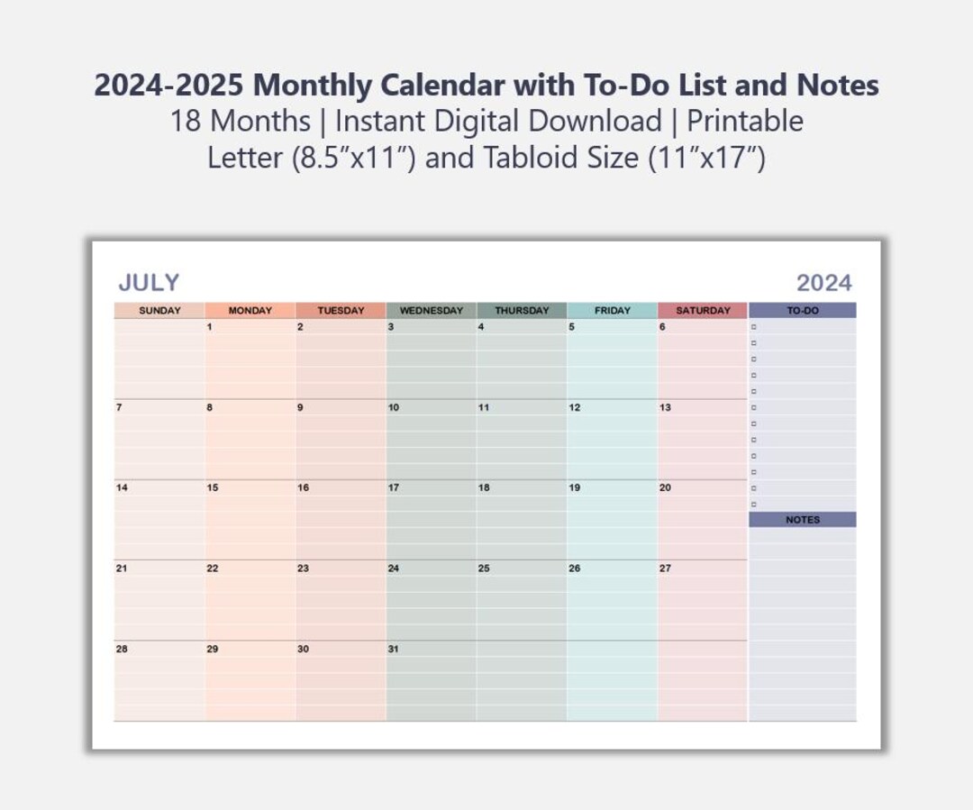 2024-2025 18-month Monthly Calendar W/ To-do List/notes, Landscape ...