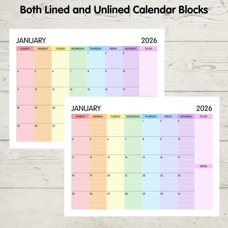 2026 Minimalist Rainbow Monthly Calendar Lined and Unlined: Letter ...