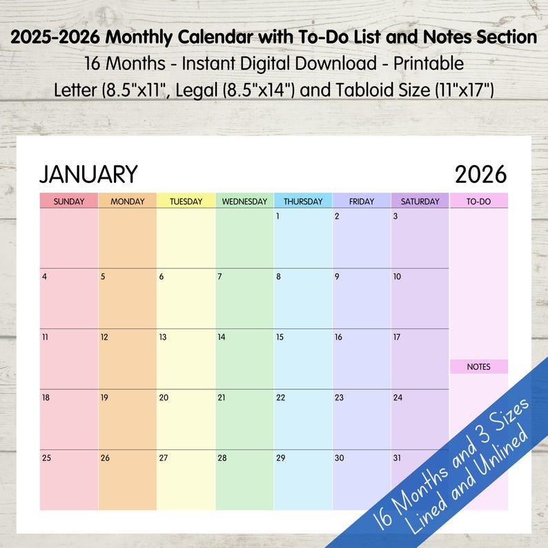 2026 Minimalist Rainbow Monthly Calendar Lined and Unlined: Letter ...