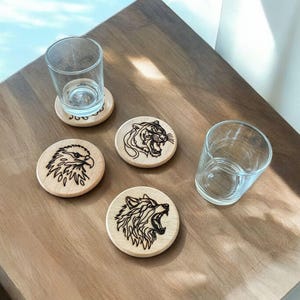 Round Wooden Coasters With Laser Engraved Animal Faces Set of 4, Eagle ...