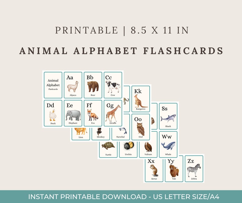 Printable Animal Alphabet Flashcards - Etsy Israel