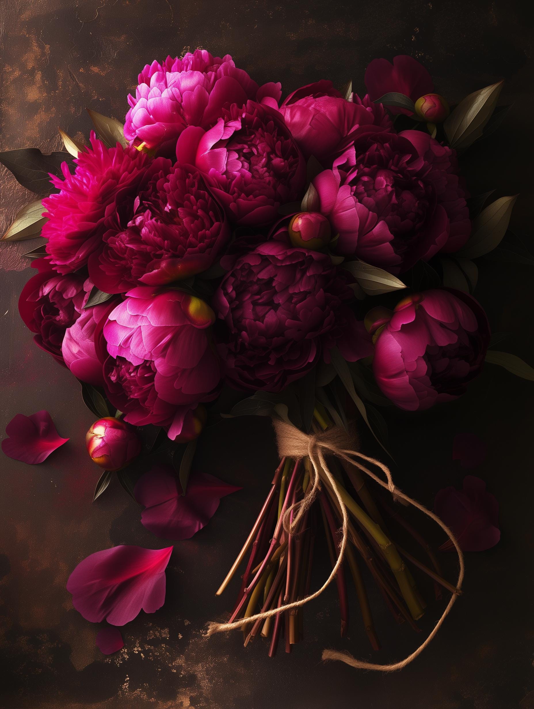 A Bouquet of Large Dark Purple Peonies and Scarlet Peonies Wrapped in ...