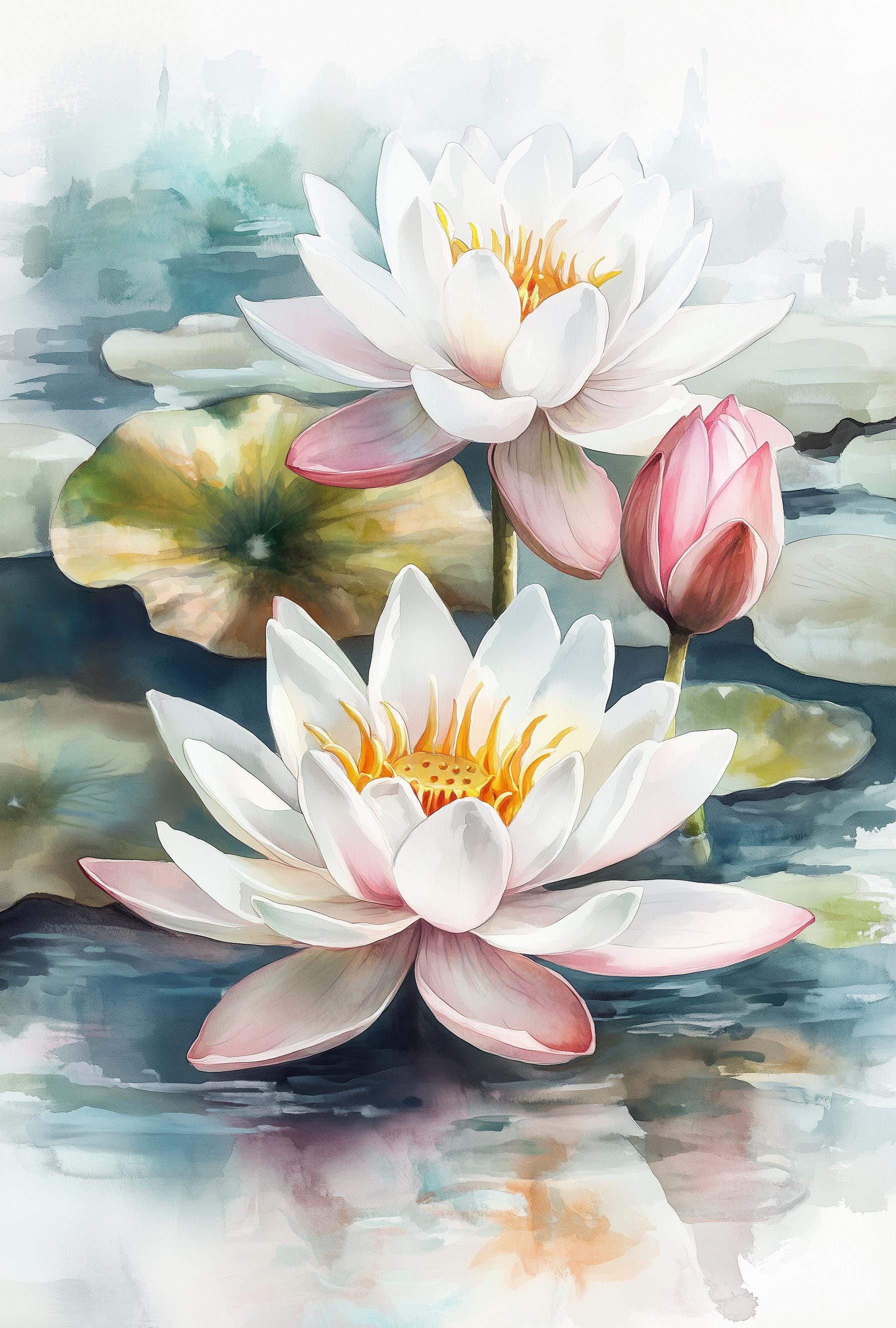 Watercolor Lotus Flowers Print: Tranquil Water Lily Wall Art (digital ...