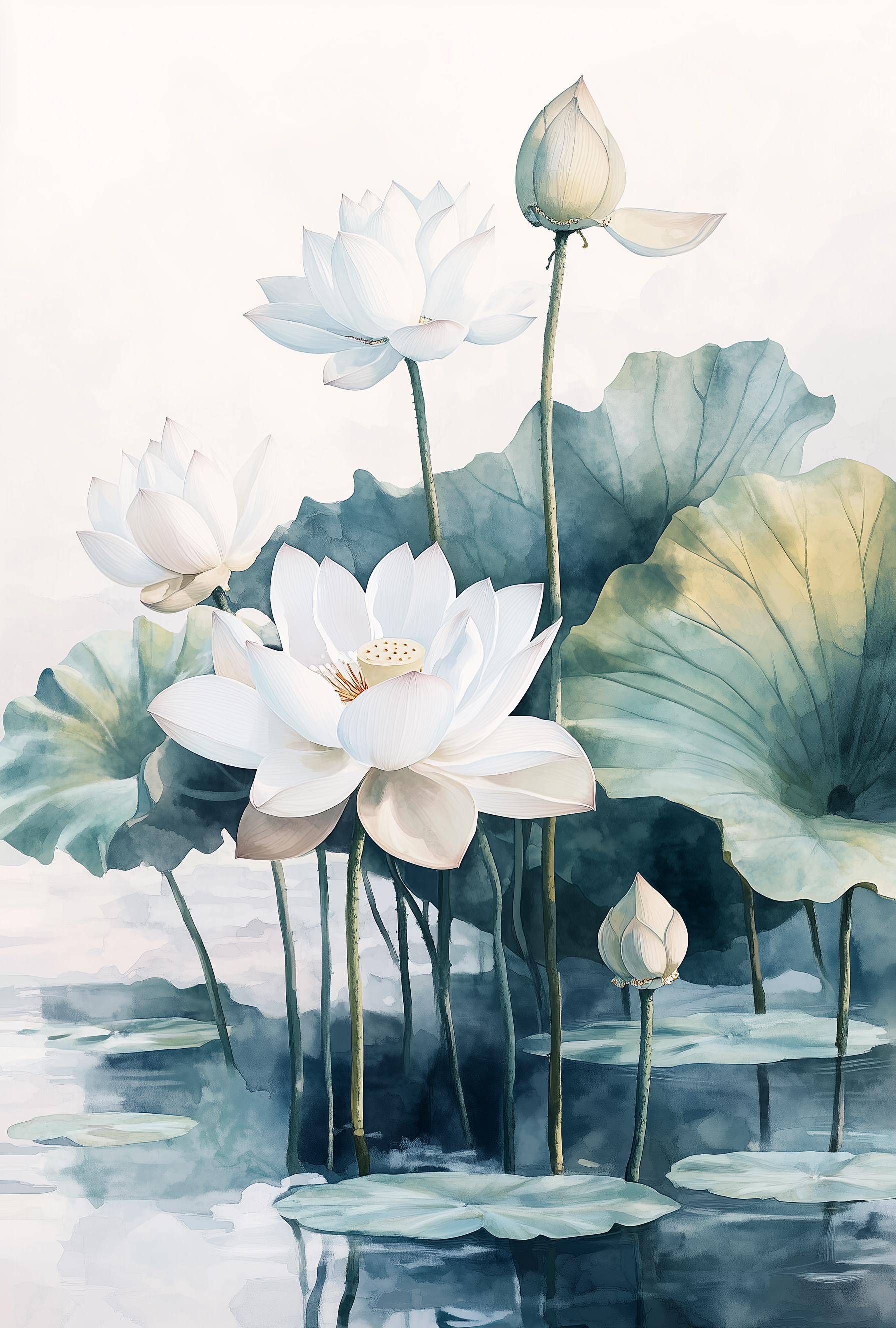 Watercolor Lotus Flowers Print: Tranquil Water Lily Wall Art (digital ...