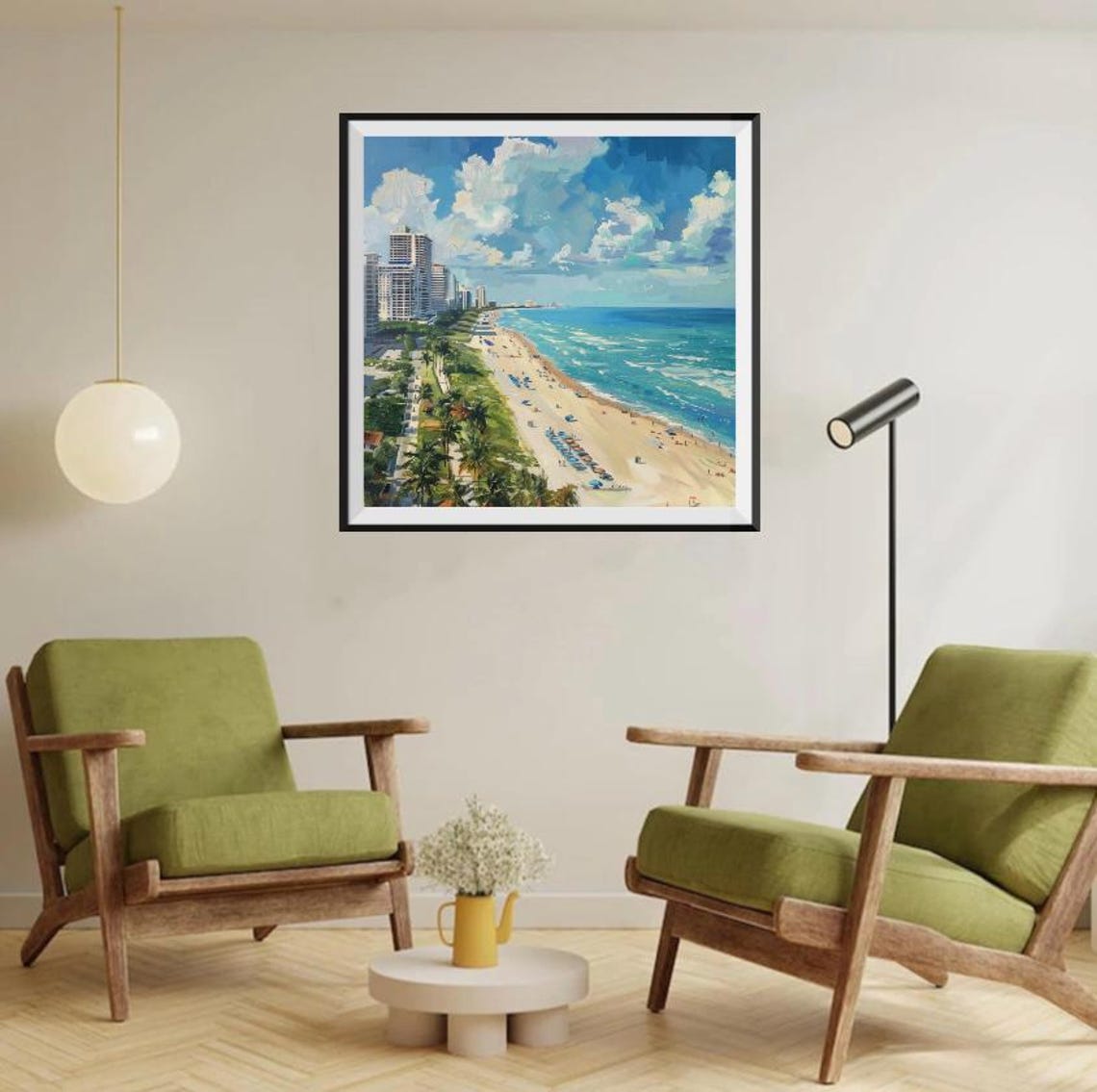 An Oil Painting of Miami Beach, Visible Buildings and People on the ...