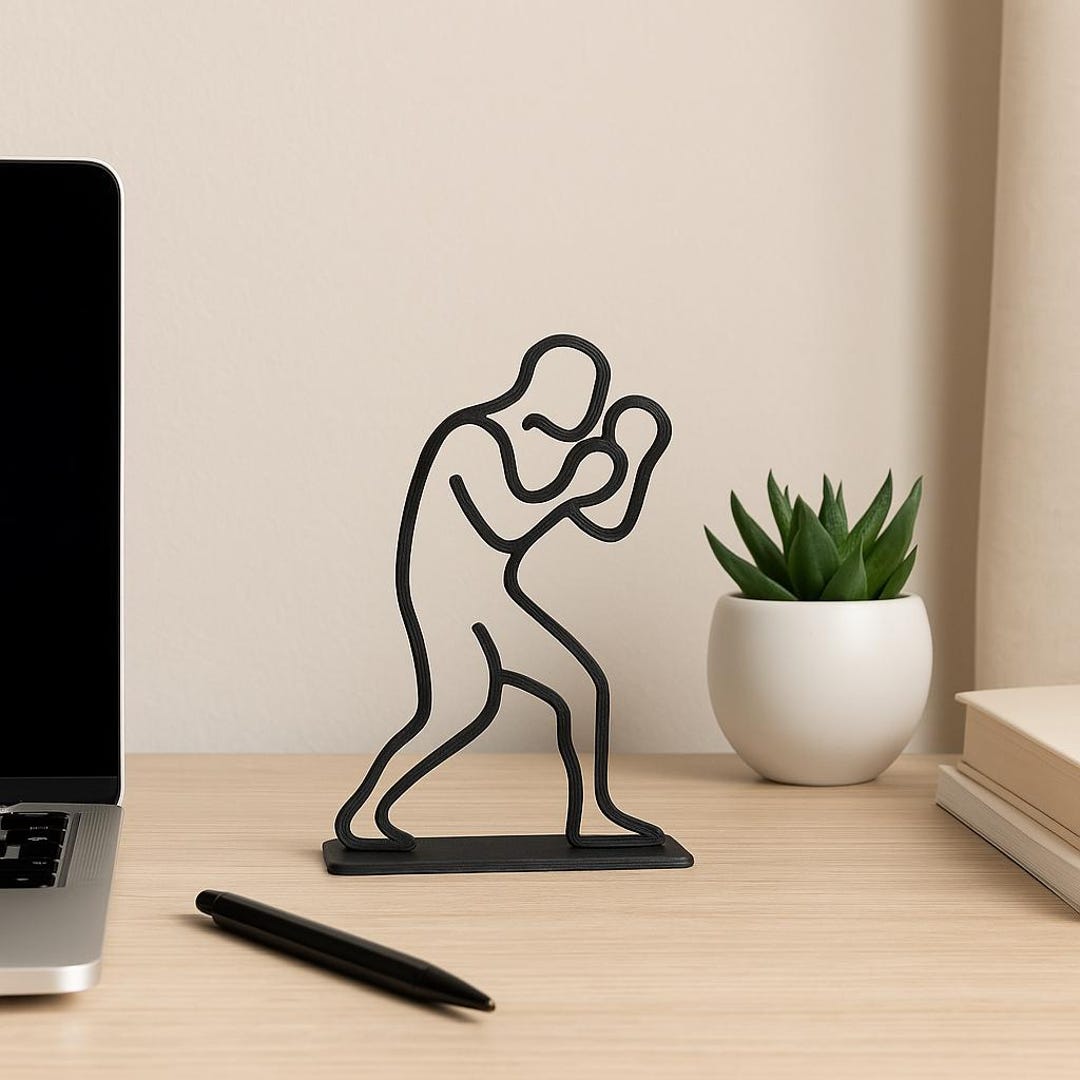Minimalist Boxer Line Art Sculpture – 3D Printed Abstract Athlete in ...