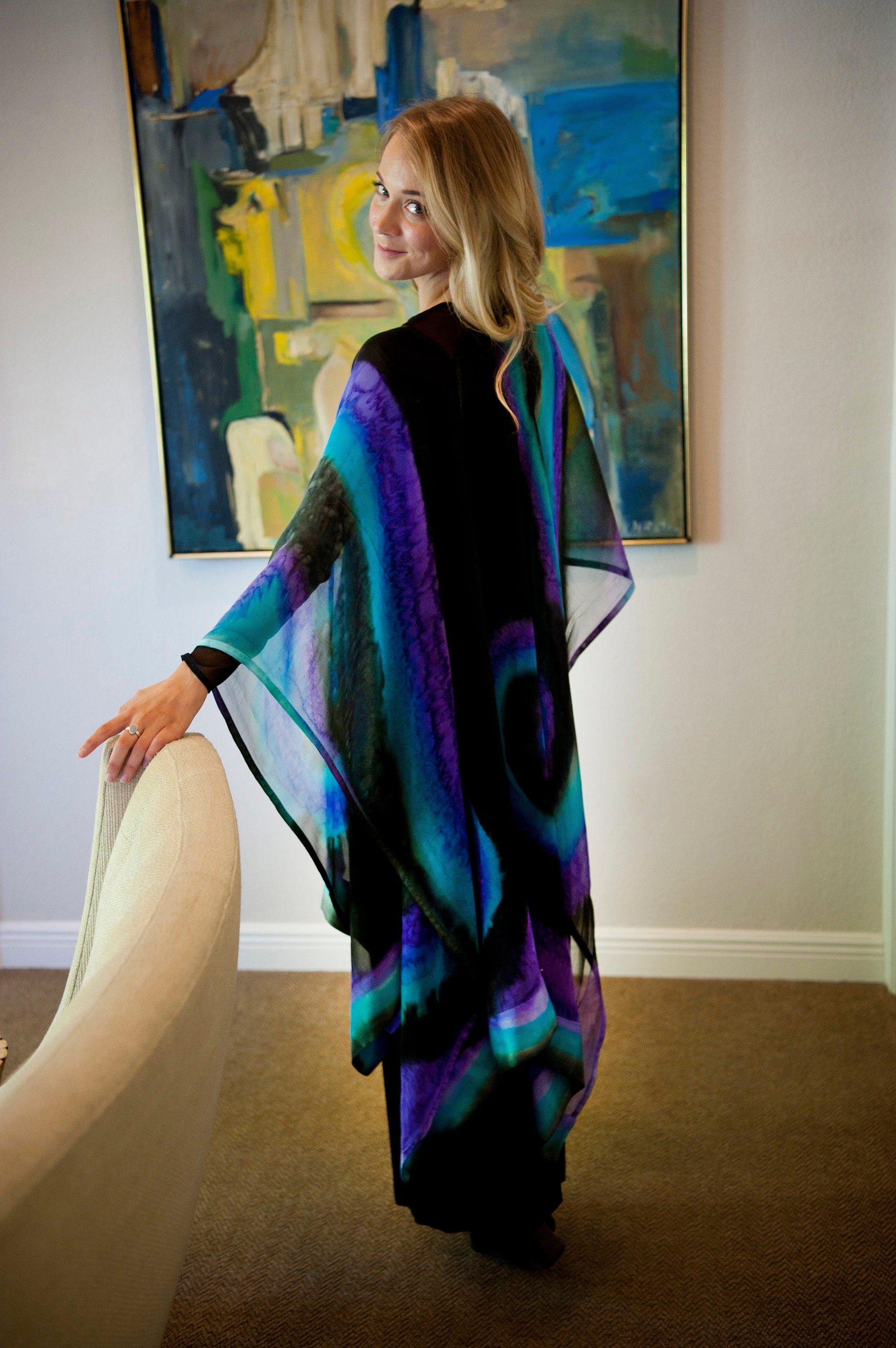 Blue Purple & Black Hand Painted Silk Ruana Wedding Apparel - Etsy