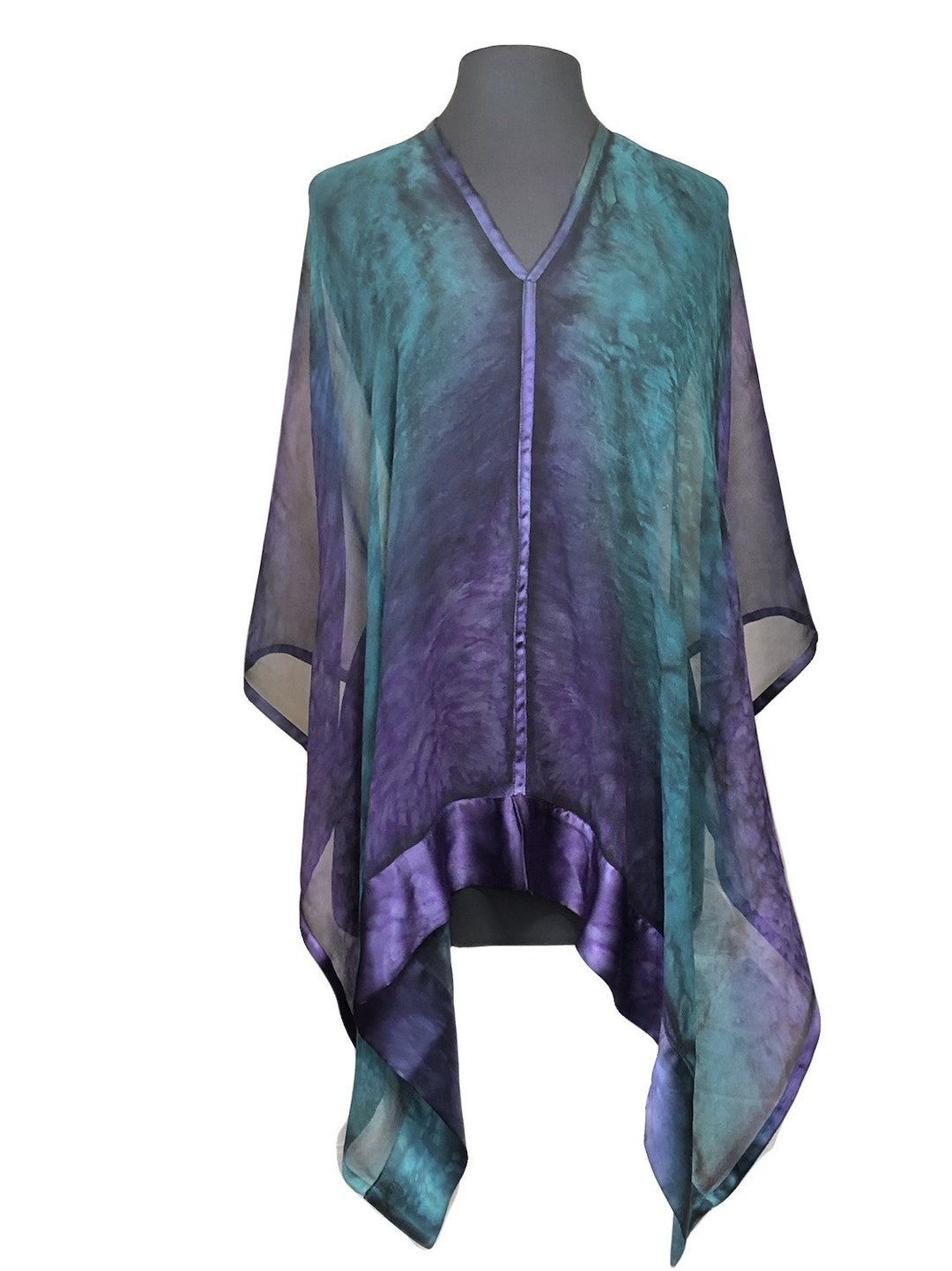 Hand Painted Silk Poncho One of a Kind Designer Original Silk Shawl - Silk Poncho - Iris Satin ...