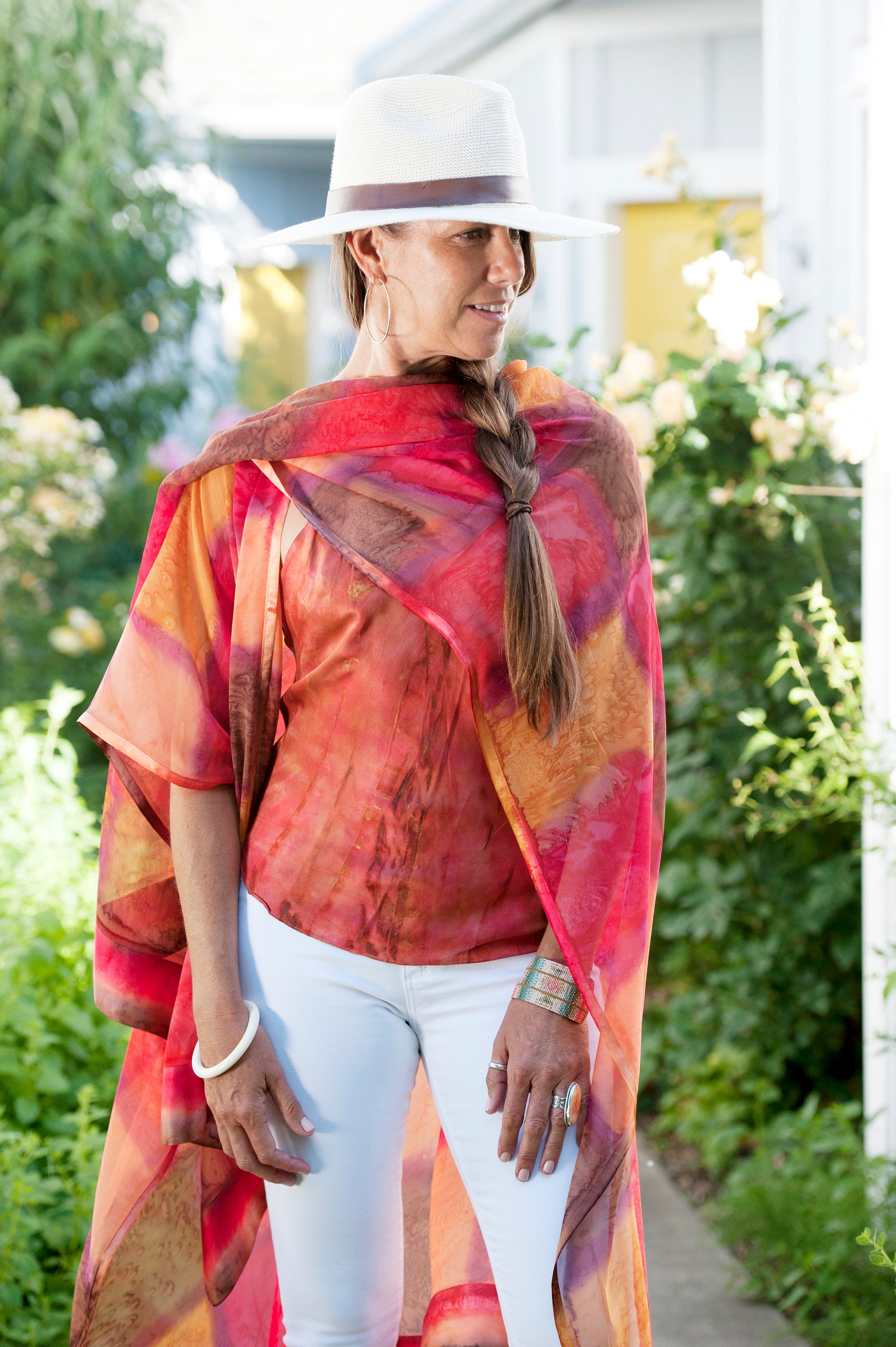 Hand Painted Silk Ruana, Vivid Red, Burnt Orange & Sienna, One of a ...