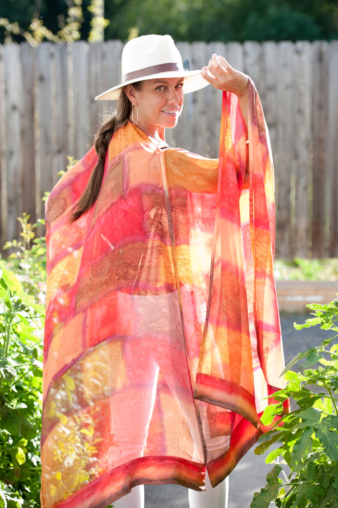 Hand Painted Silk Ruana, Vivid Red, Burnt Orange & Sienna, One of a ...