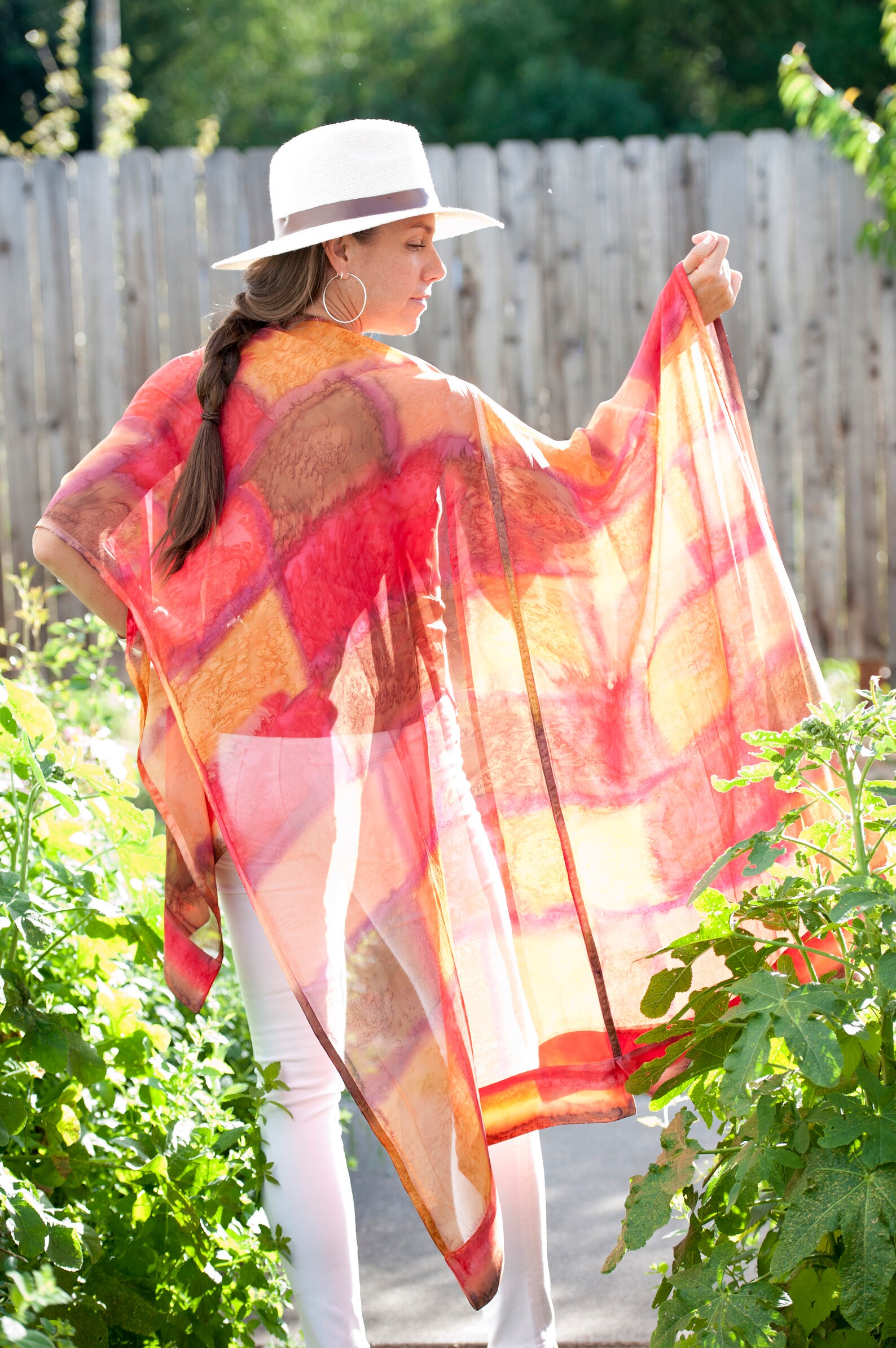 Hand Painted Silk Ruana, Vivid Red, Burnt Orange & Sienna, One of a ...