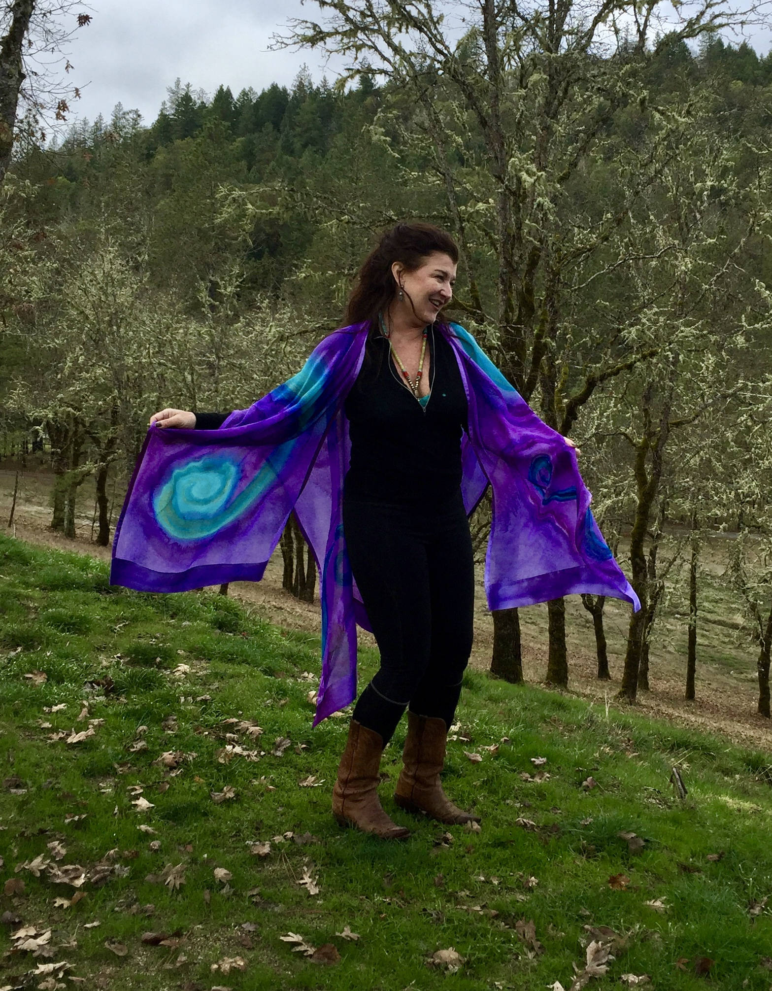 Ultra Violet and Turquoise Spiral Hand Painted Silk Ruana, Wedding ...