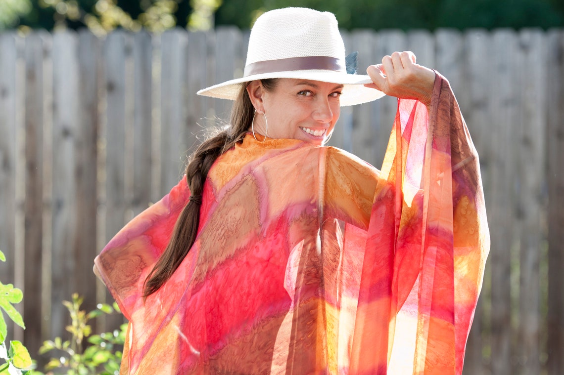 Hand Painted Silk Ruana, Vivid Red, Burnt Orange & Sienna, One of a ...