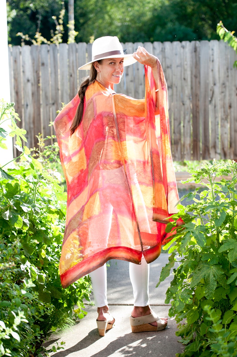 Hand Painted Silk Ruana, Vivid Red, Burnt Orange & Sienna, One of a ...