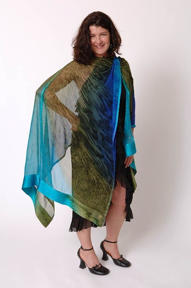 Blue Green Purple Earthsong Hand Painted Silk Ruana, One of a Kind Silk ...