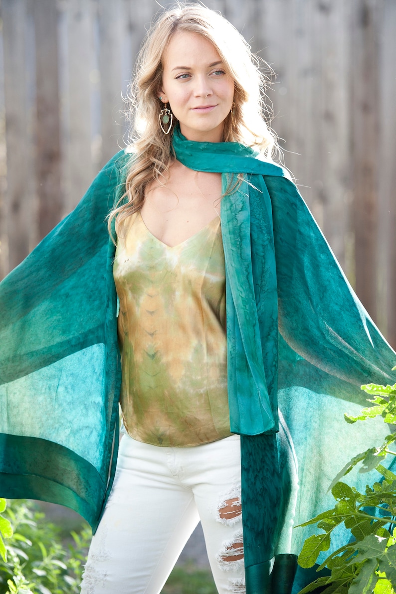 Emerald Green Hand Painted Silk Ruana, Boho Wedding Shawl, Satin ...