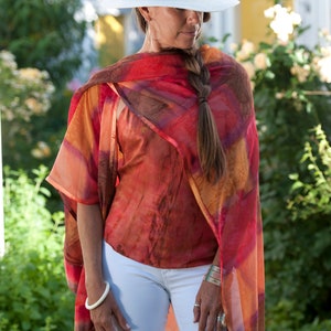 Hand Painted Silk Ruana, Vivid Red, Burnt Orange & Sienna, One of a ...