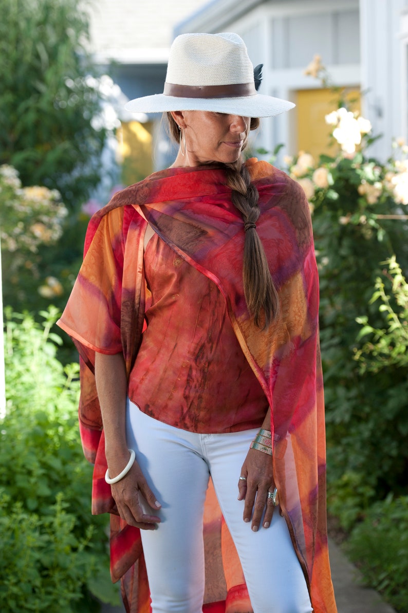 Hand Painted Silk Ruana, Vivid Red, Burnt Orange & Sienna, One of a ...