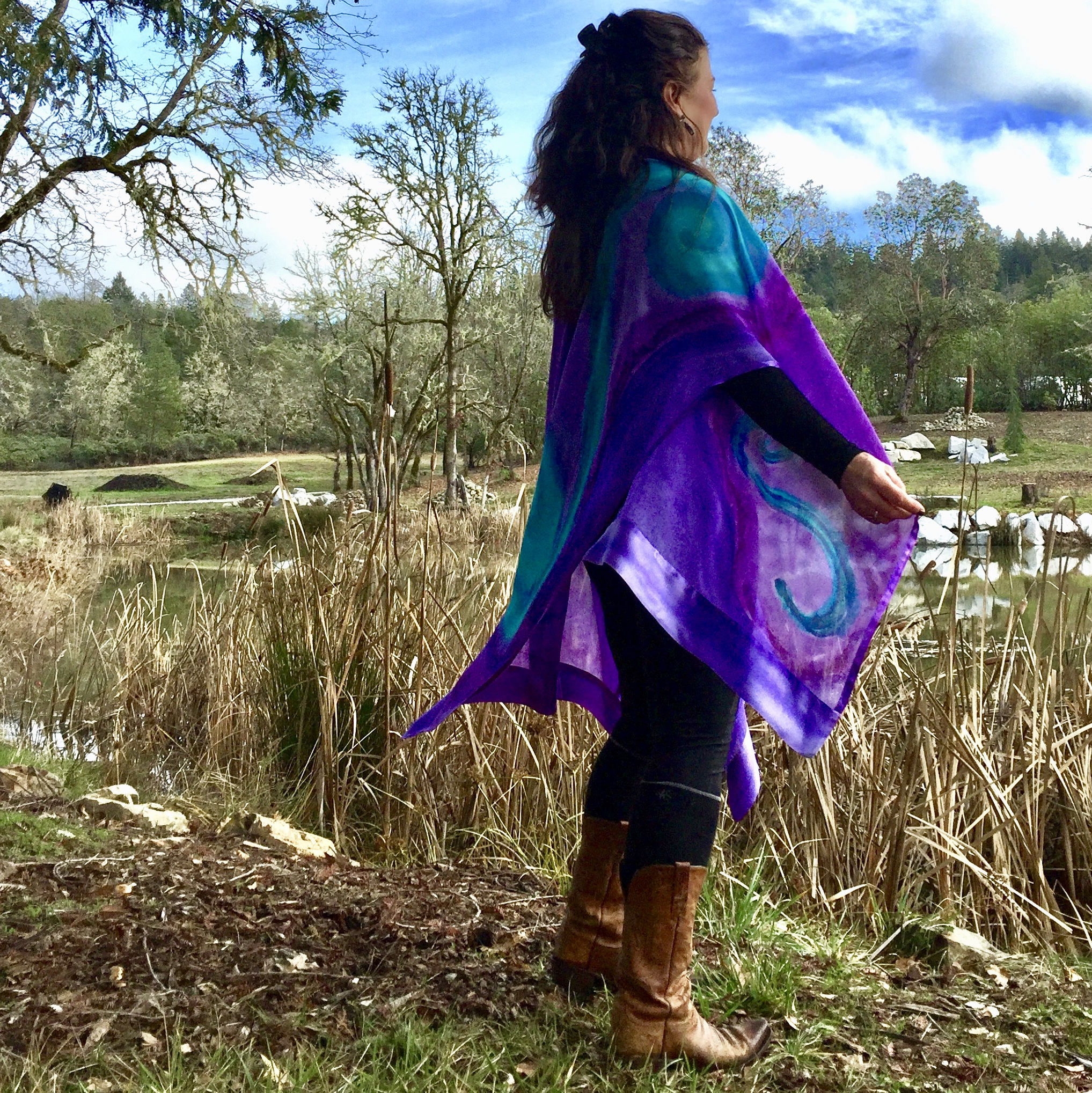 Ultra Violet and Turquoise Spiral Hand Painted Silk Ruana, Wedding ...