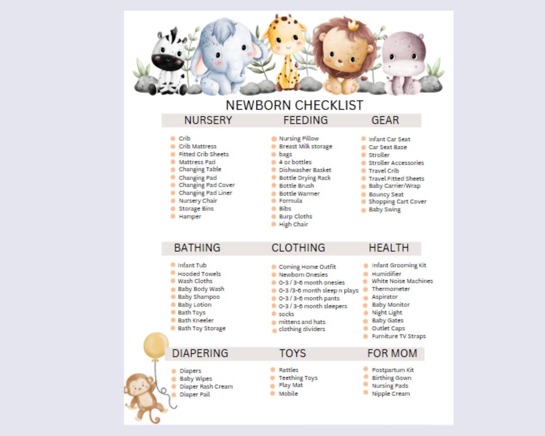 Baby Safari Animals Newborn Checklist - Digital Download | Newborn ...