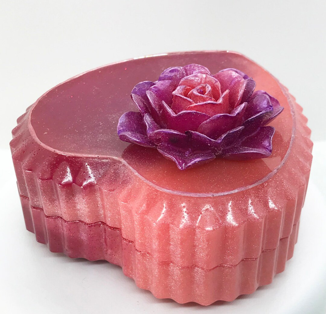 Resin Heart Shape Container Jewelry Box Lid Purple Orange Pink Flower ...