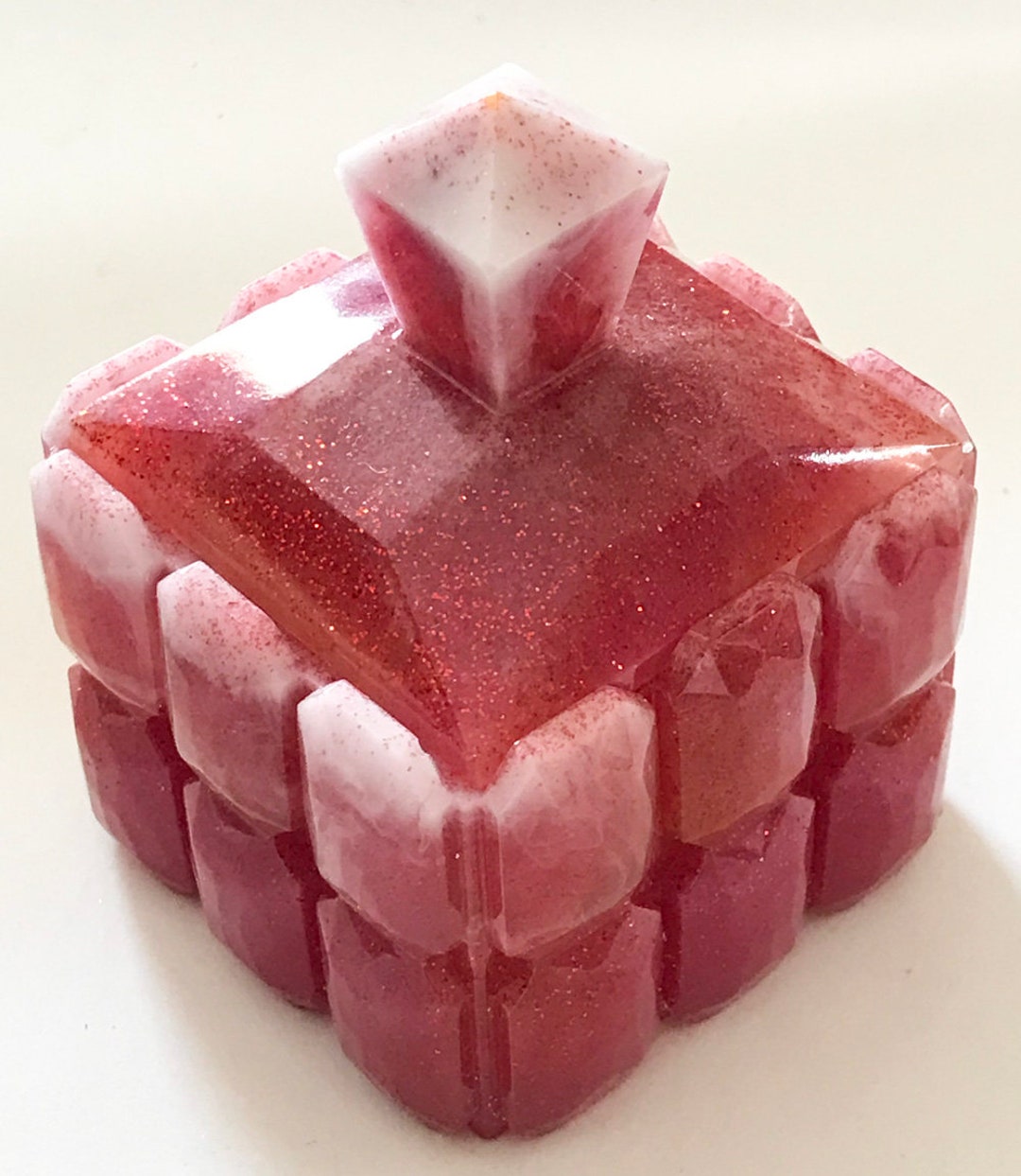 Resin Square Cube Shape Container Jar Jewelry Box Lid Red White ...