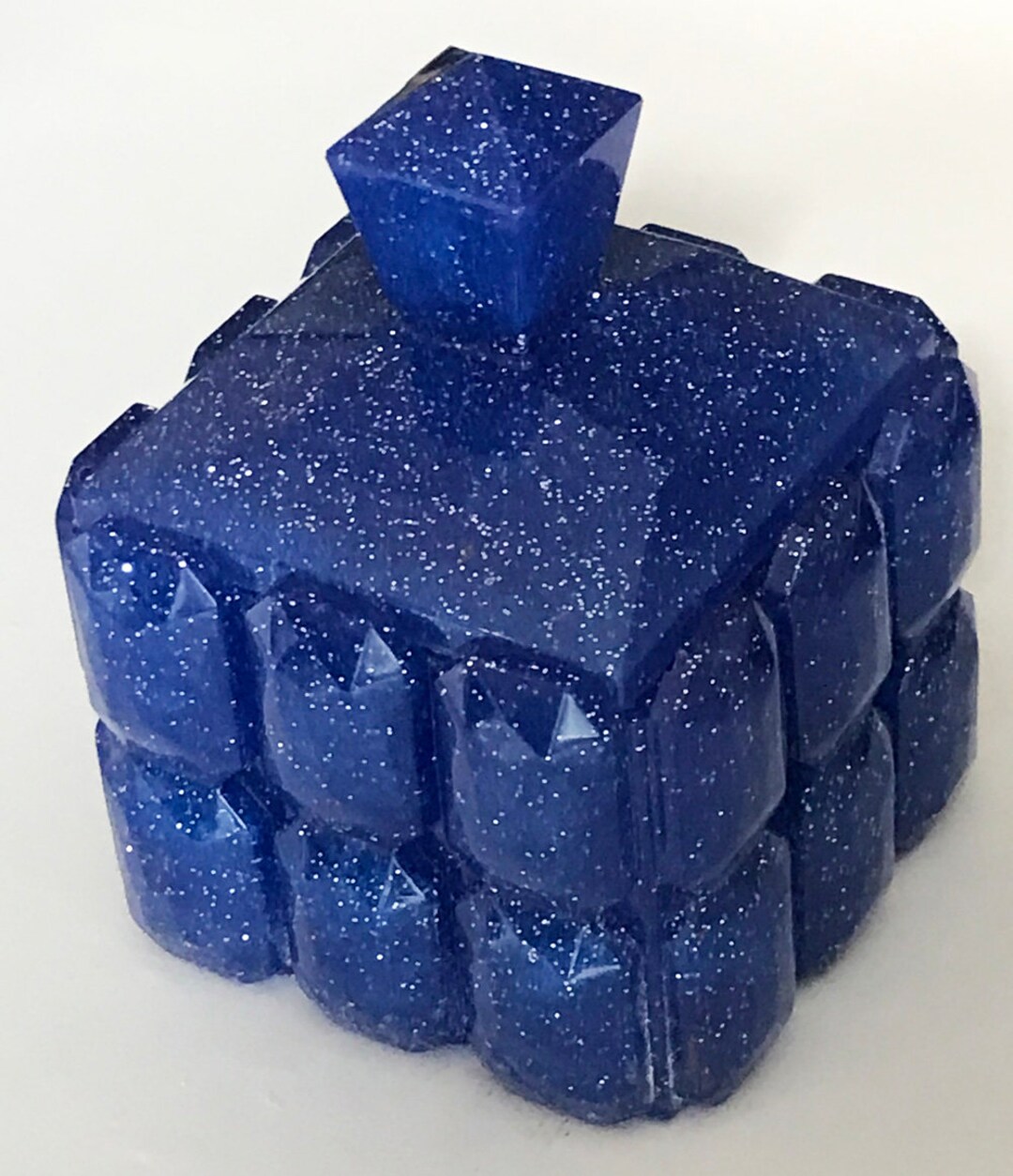Resin Square Cube Shape Container Jar Jewelry Box Lid Blue Silver ...