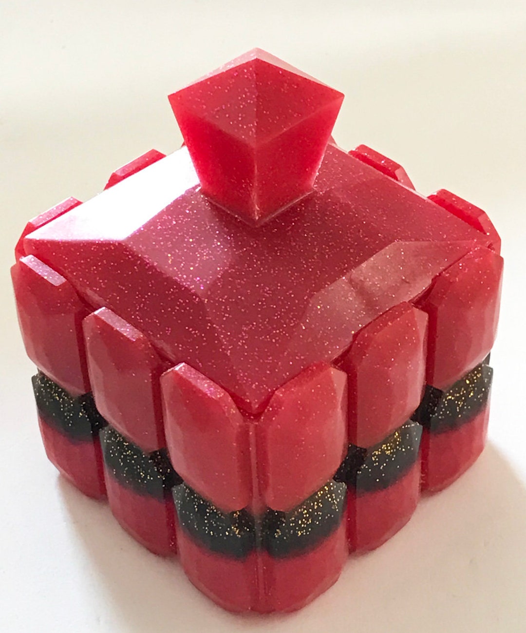 Resin Square Cube Shape Container Jar Jewelry Box Lid Red Black ...