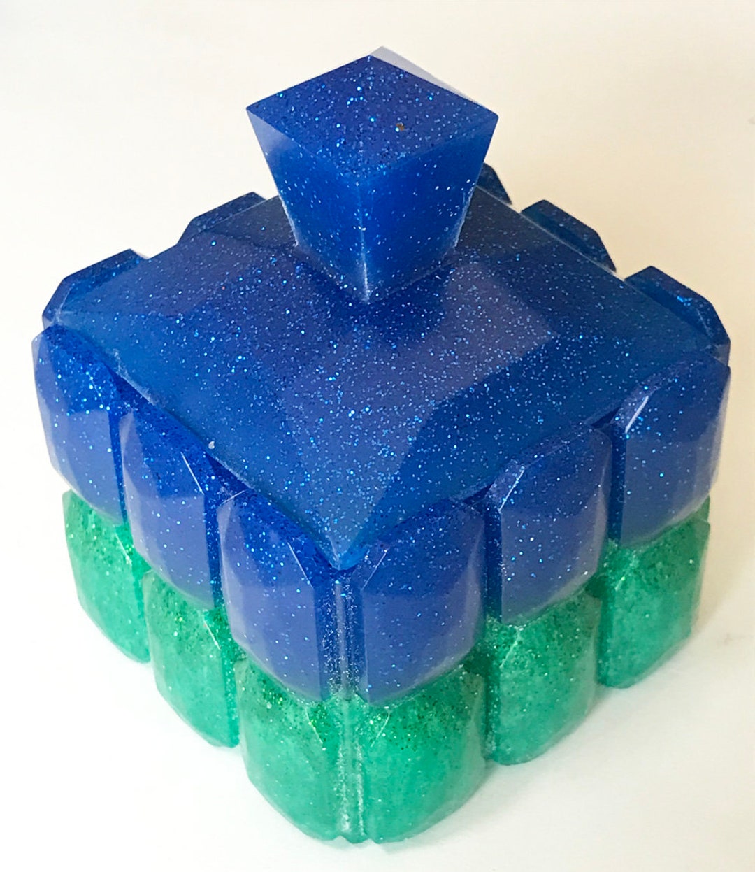 Resin Square Cube Shape Container Jar Jewelry Box Lid Blue Green ...