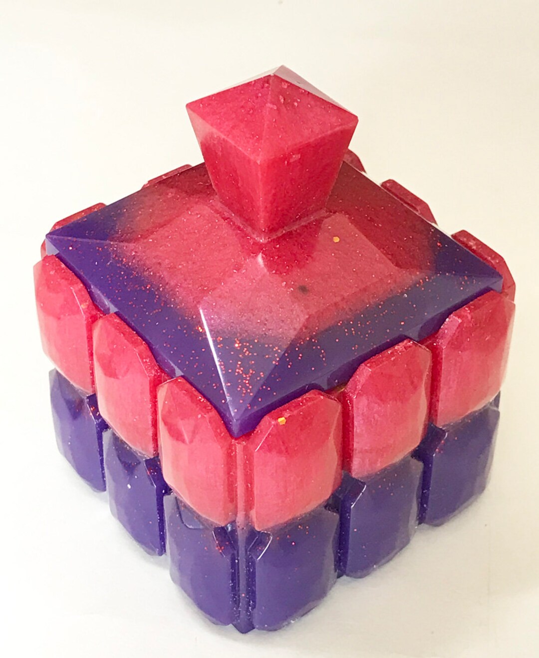 Resin Square Cube Shape Container Jar Jewelry Box Lid Red Purple ...