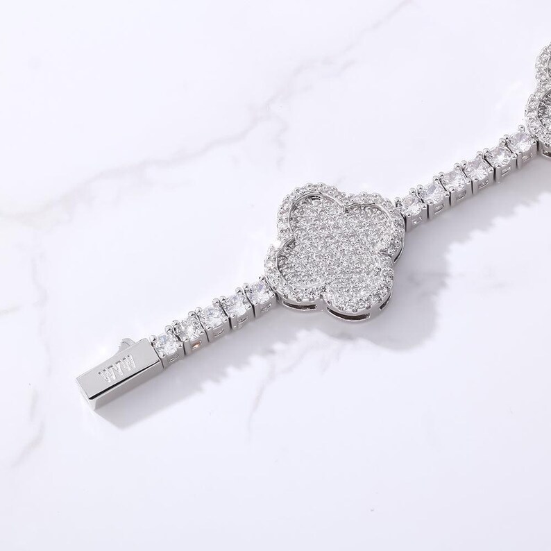 Clover Tennis Bracelet Iced Out 18k White Gold Plated. Vancleef ...