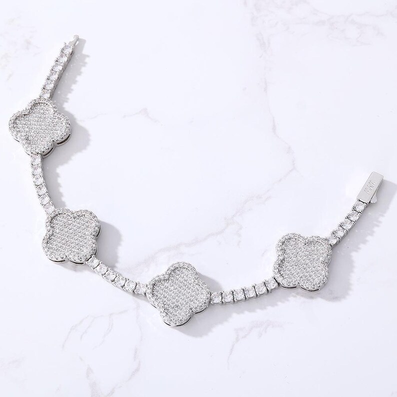 Clover Tennis Bracelet Iced Out 18k White Gold Plated. Vancleef ...