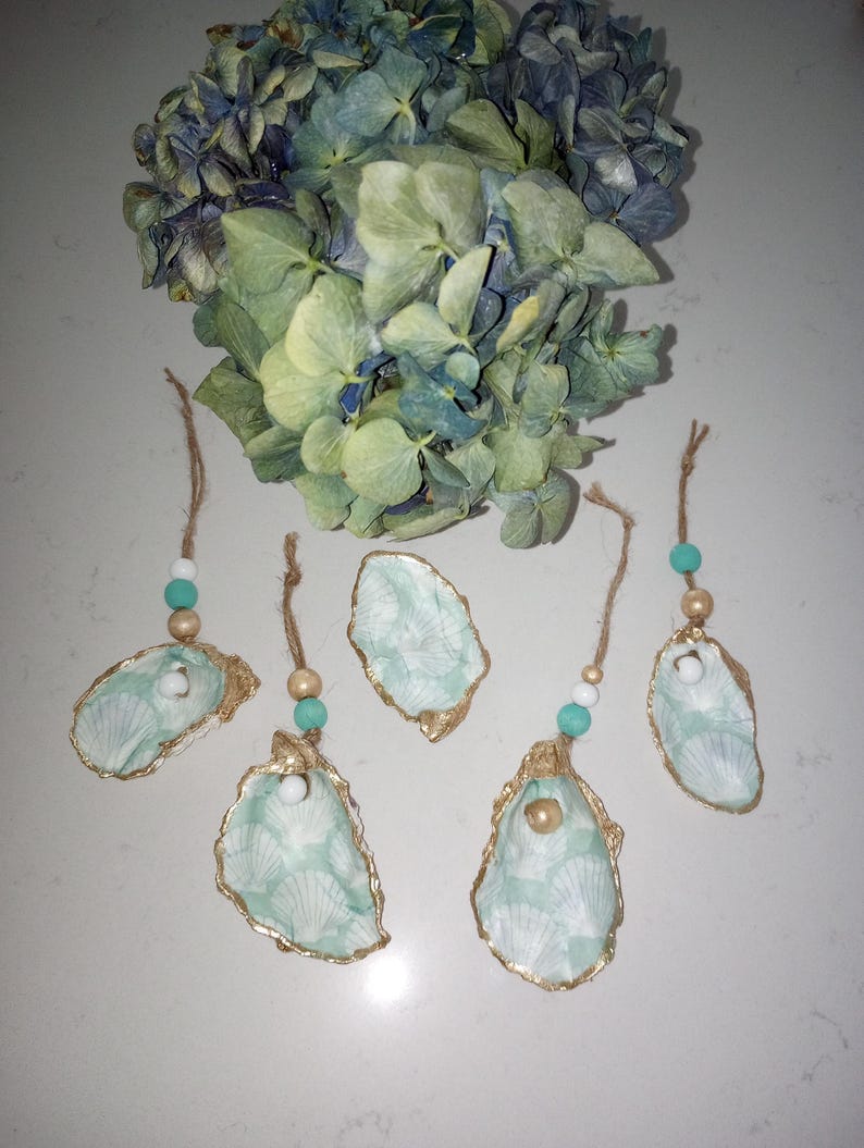Mint and White Sea Shell Print Decoupaged Oyster Shells - Etsy