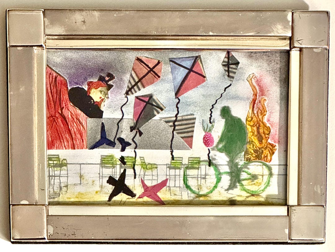 Framed Original Collage "a Day in the Park" With Kites, a Man Riding a ...