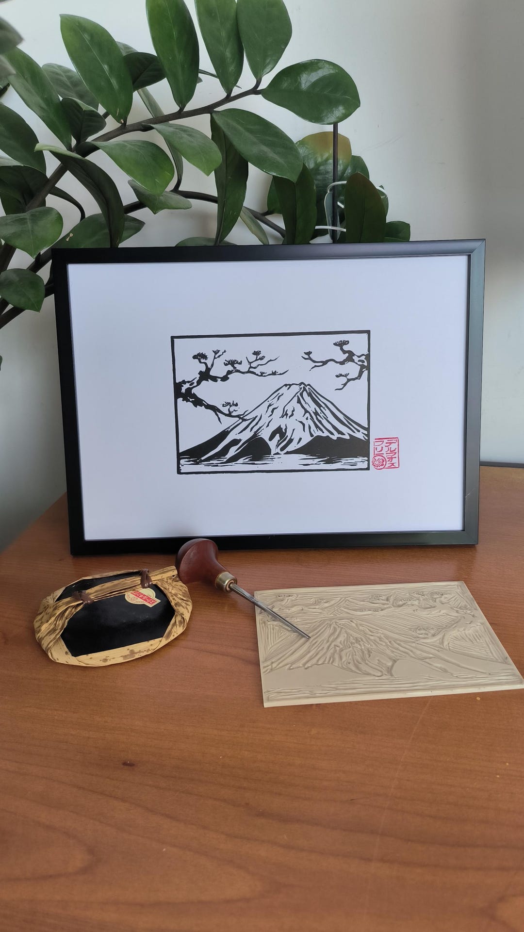 Linocut Print Handmade Linocut Print Japan Mount Fuji Sakura Cherry ...