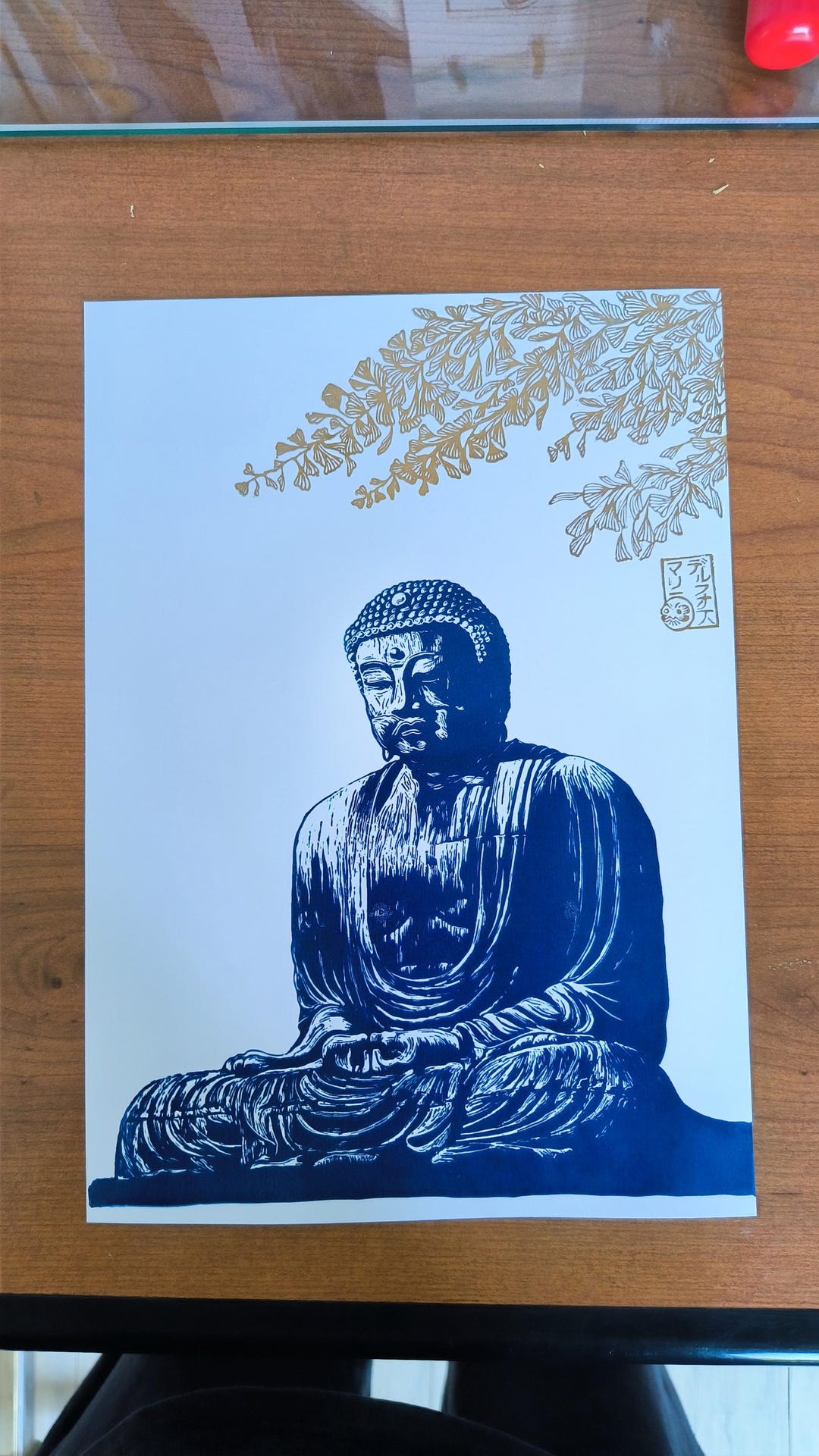 Japanese Linocut Print Handmade Linocut Print Buddha Under the Ginkgo ...
