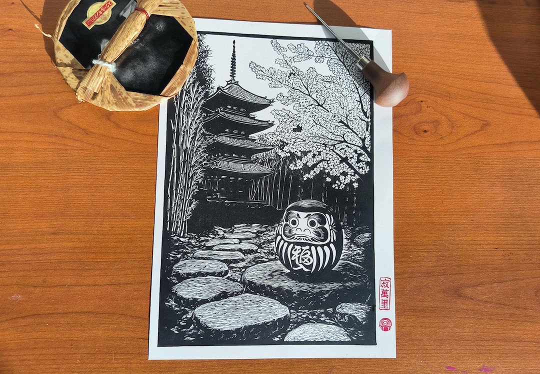Japanese Linocut Print, Handcrafted, Daruma Pagoda, Stepping Stones ...