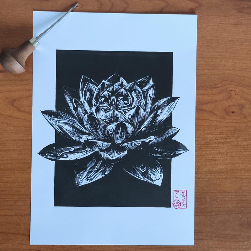 Lotus Linocut - Etsy