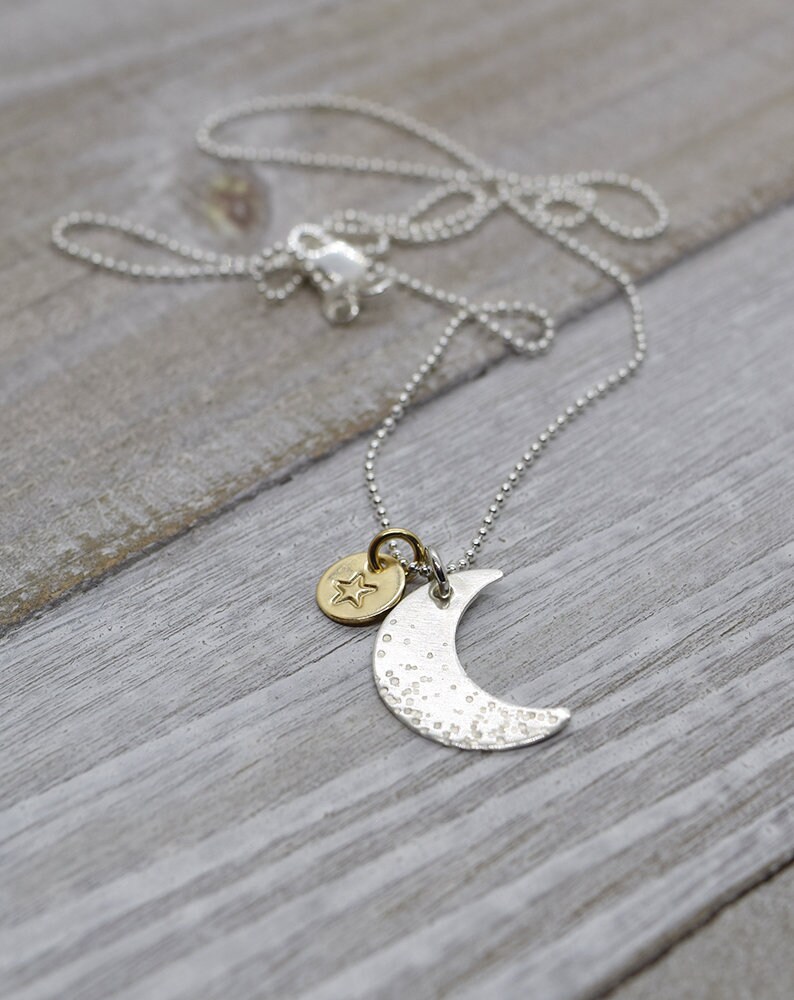 Sterling Silver Moon Necklace Silver and Gold Moon and Star | Etsy