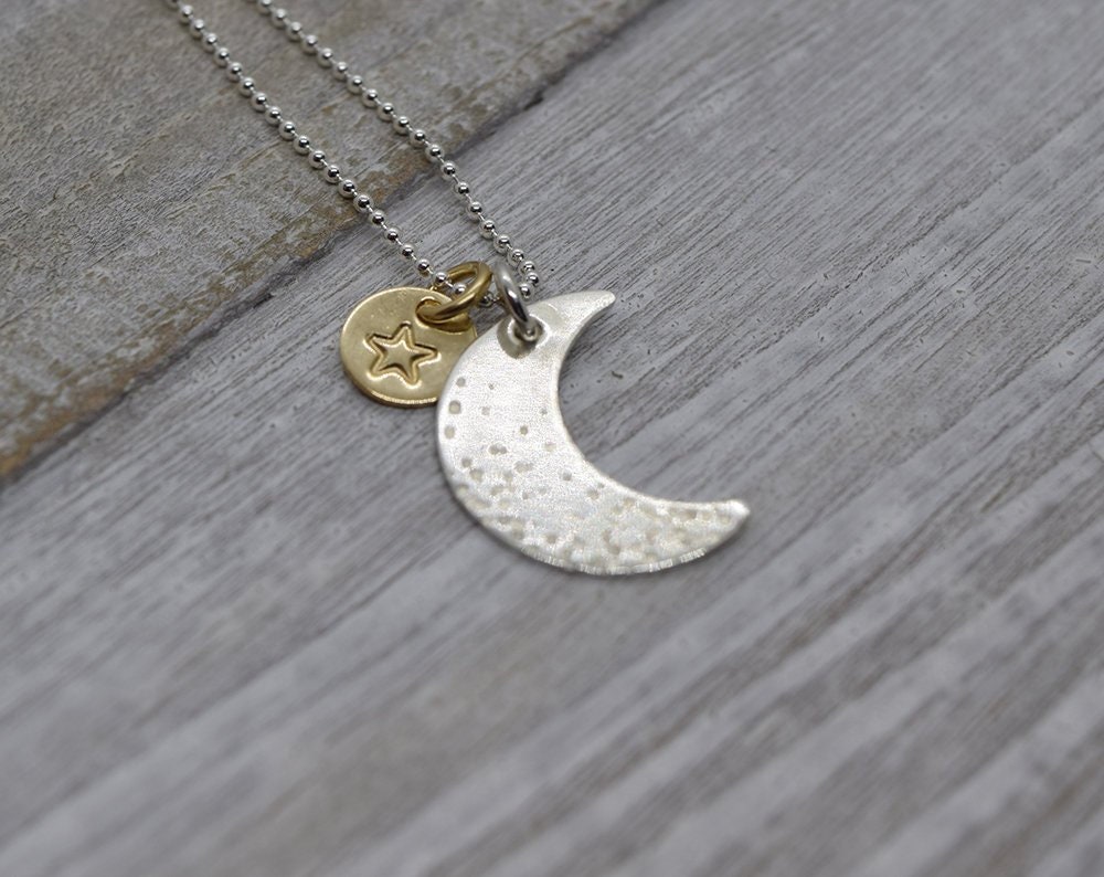 Sterling Silver Moon Necklace Silver and Gold Moon and Star | Etsy